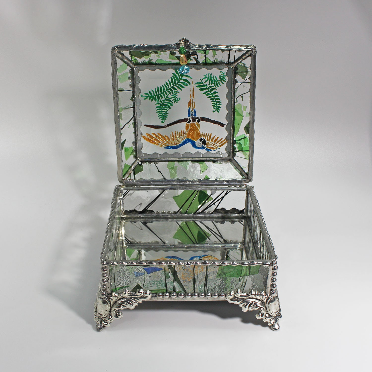 Parrot Carved Glass Jewelry Treasure Box - Faberge Style