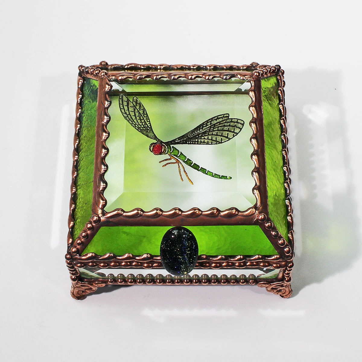 Dragonfly Etched Hand Painted Jewelry Display Trinket Faberge Style Box
