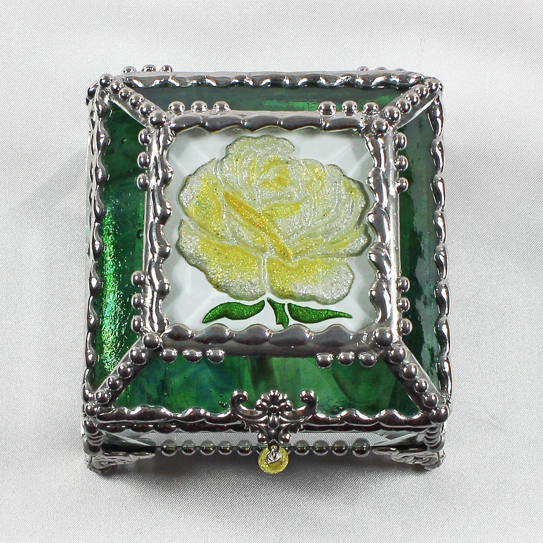Roses, Hand Painted, Stained Glass, Beveled Glass, Keepsake Box,jewelry ...