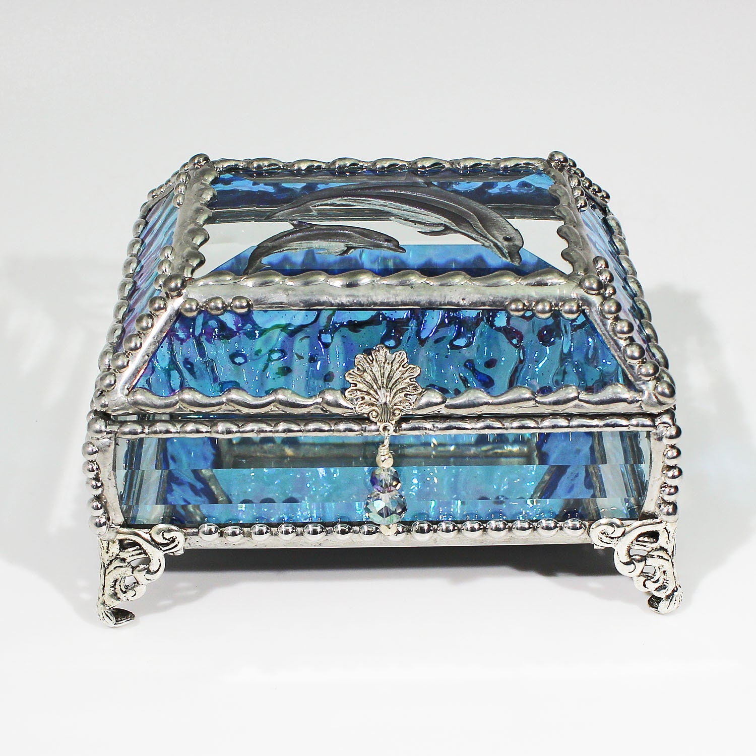 Dolphins - Carved Glass Jewelry Box - Faberge Style