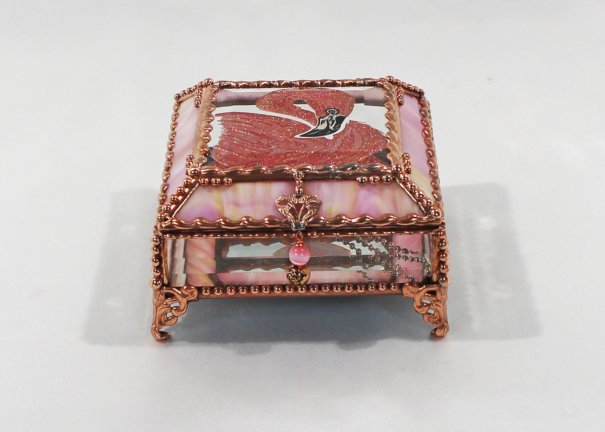 Flamingo, Hand Painted, Stained Glass Box, Trinket Box, Etched, Faberge ...