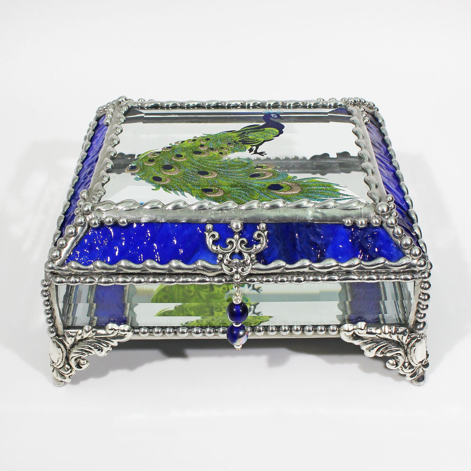 Peacock Hand Painted, Carved Glass, Jewelry Box, Glass Art, Beveled ...