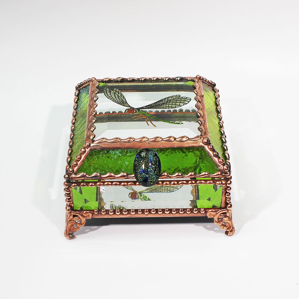 Dragonfly Etched Hand Painted Jewelry Display Trinket Faberge Style Box