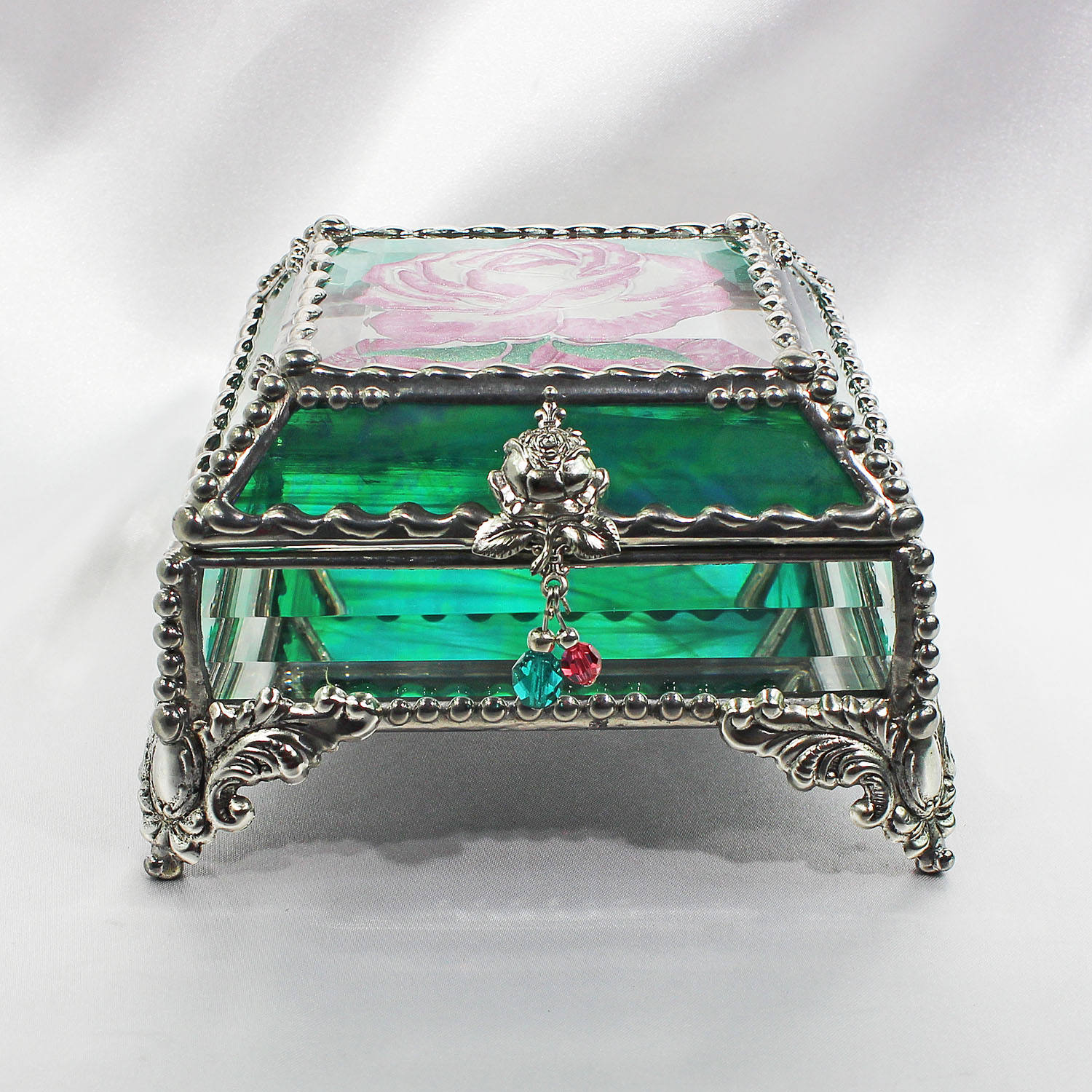 Etched, Hand Painted, Rose,Flower,Stained Glass, Keepsake Box,Jewelry Box