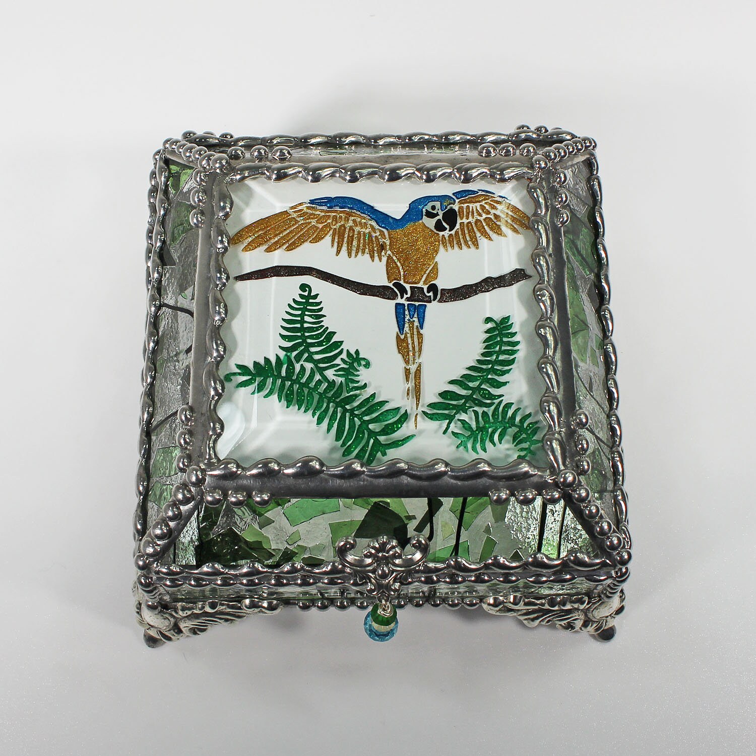 Parrot Carved Glass Jewelry Treasure Box - Faberge Style