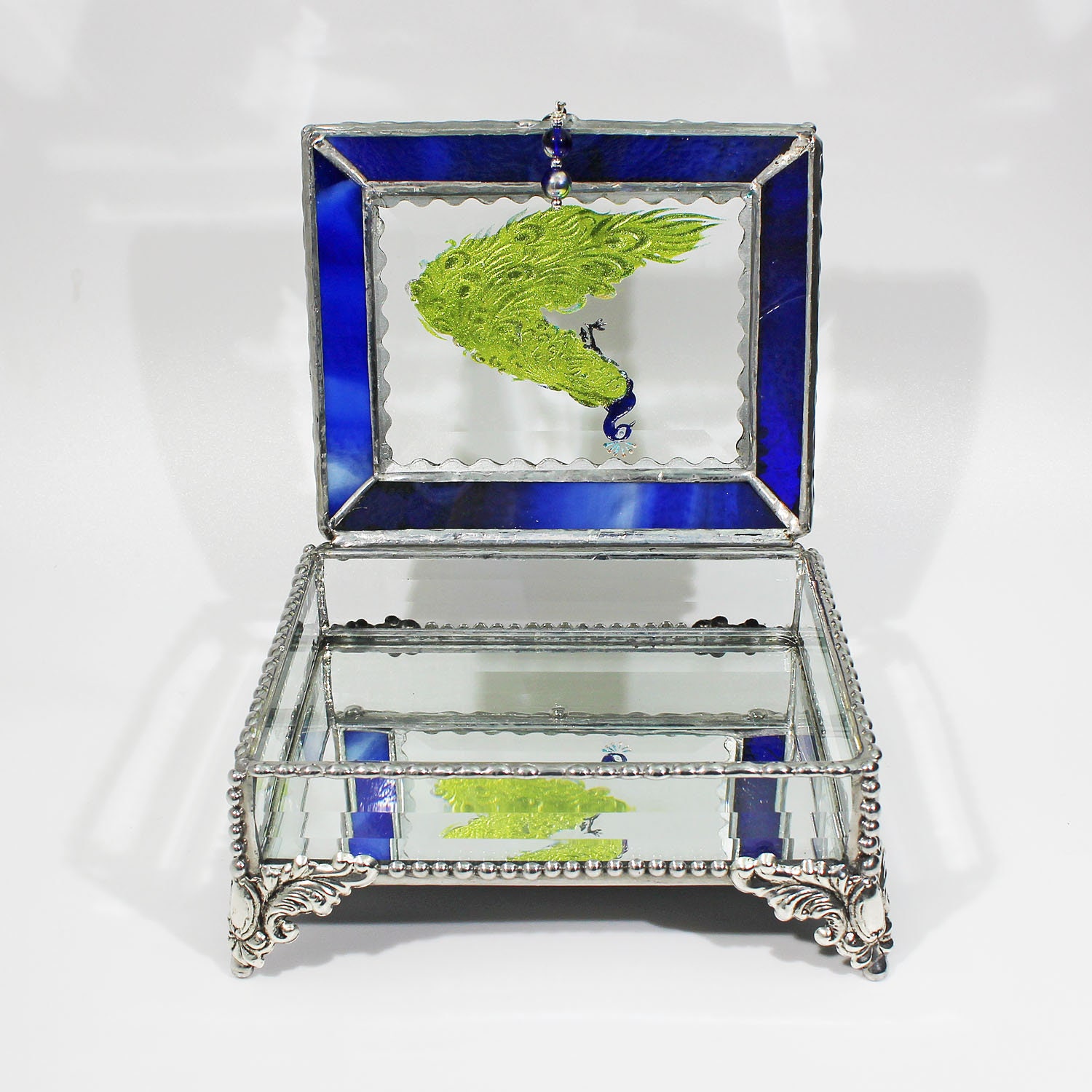 Peacock Hand Painted, Carved Glass, Jewelry Box, Glass Art, Beveled ...