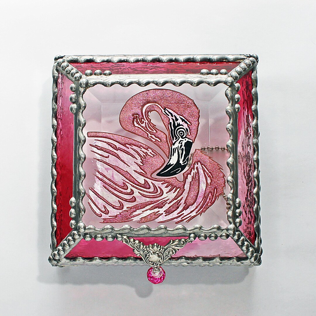 Flamingo, Hand Painted, Stained Glass Box, Trinket Box, Etched, Faberge ...