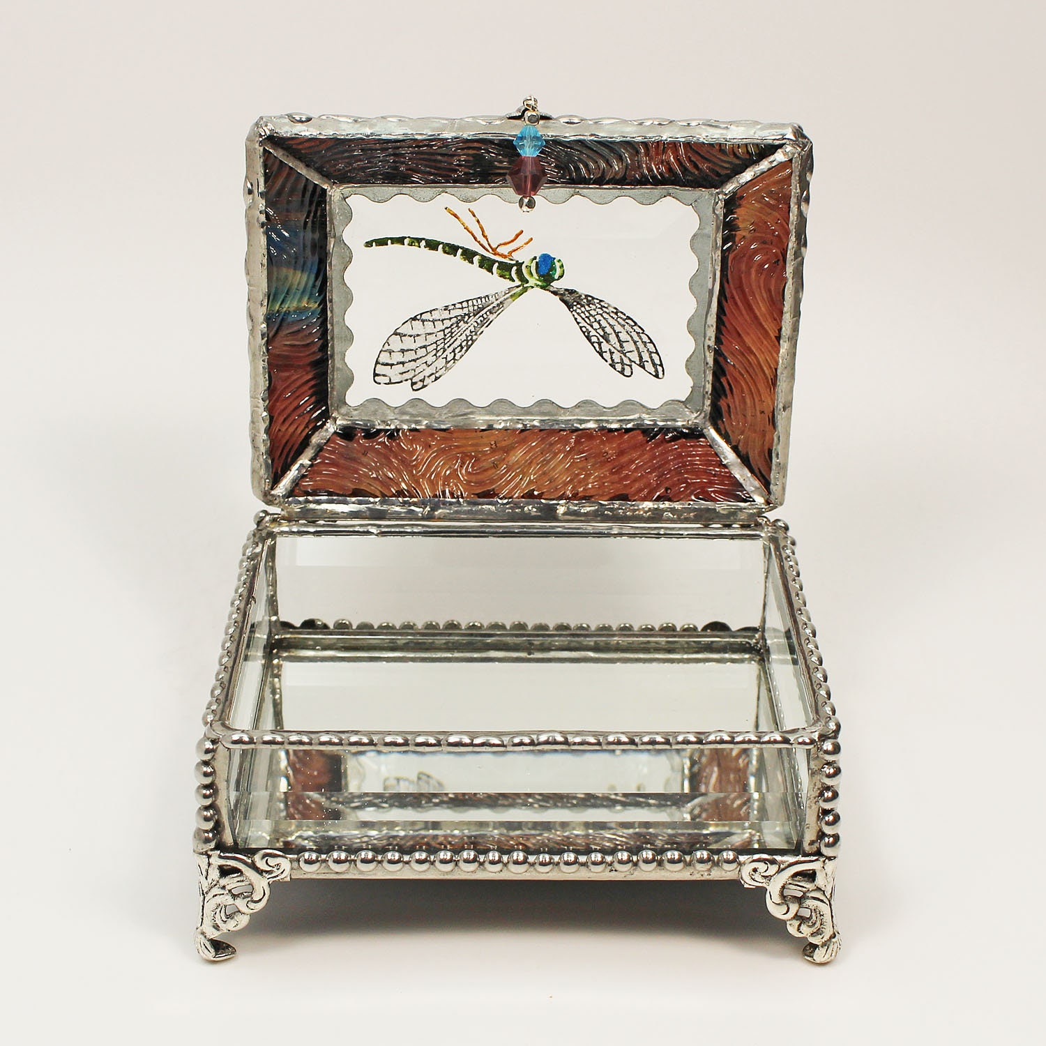 Dragonfly Etched Hand Painted Jewelry Display Trinket Faberge Style Box