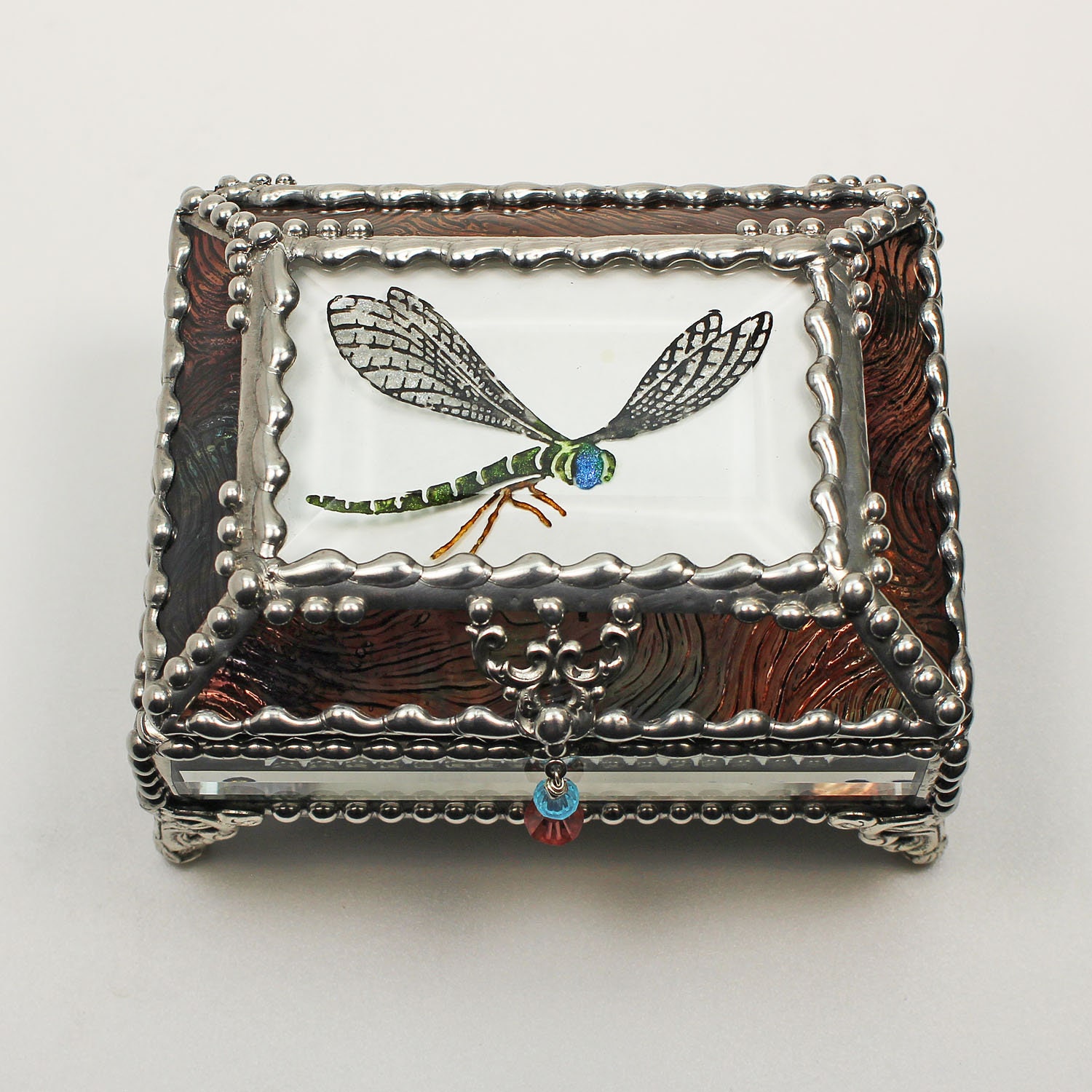 Dragonfly Etched Hand Painted Jewelry Display Trinket Faberge Style Box