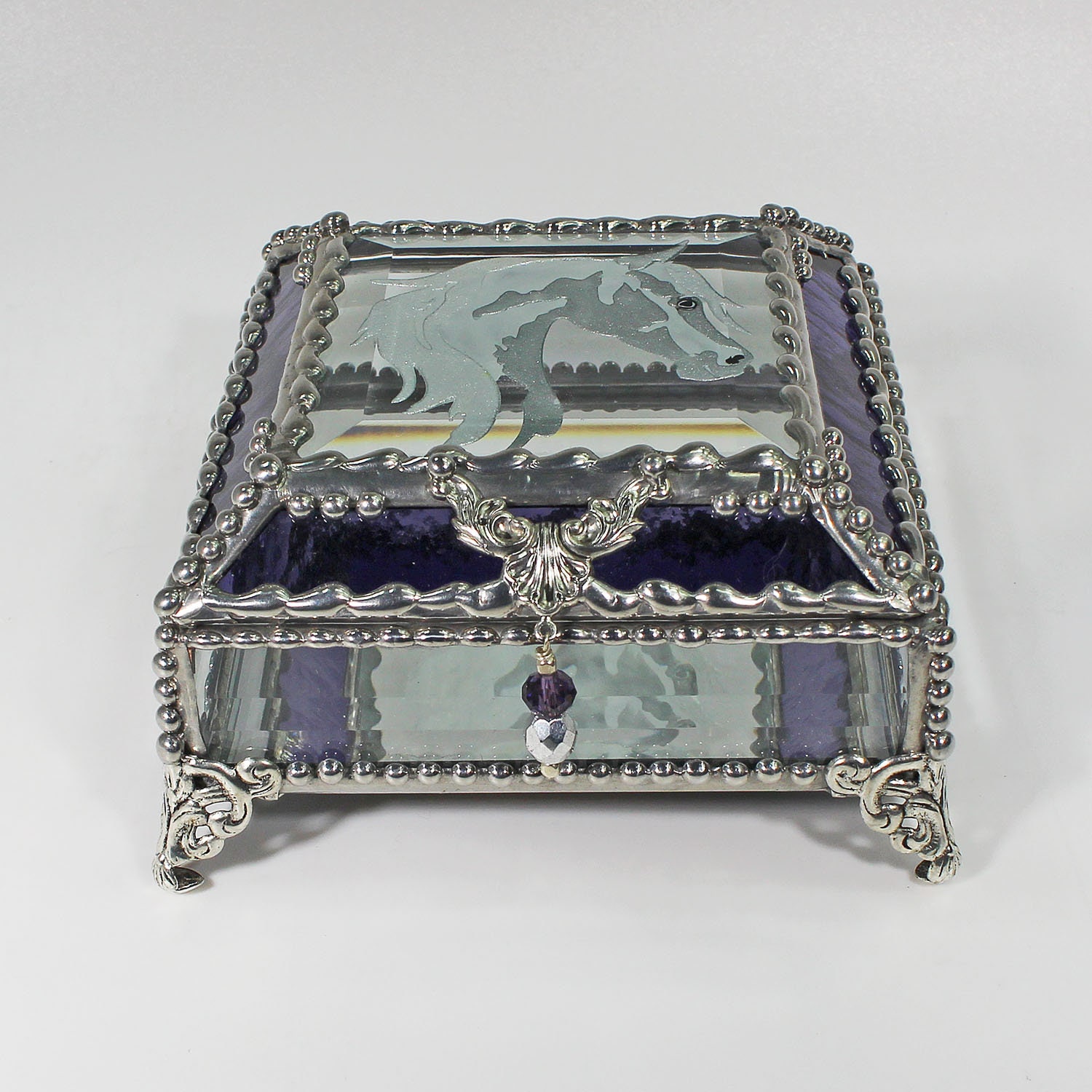 Horse, Equine Etched hand painted Glass Treasure Box, Jewelry Box ...