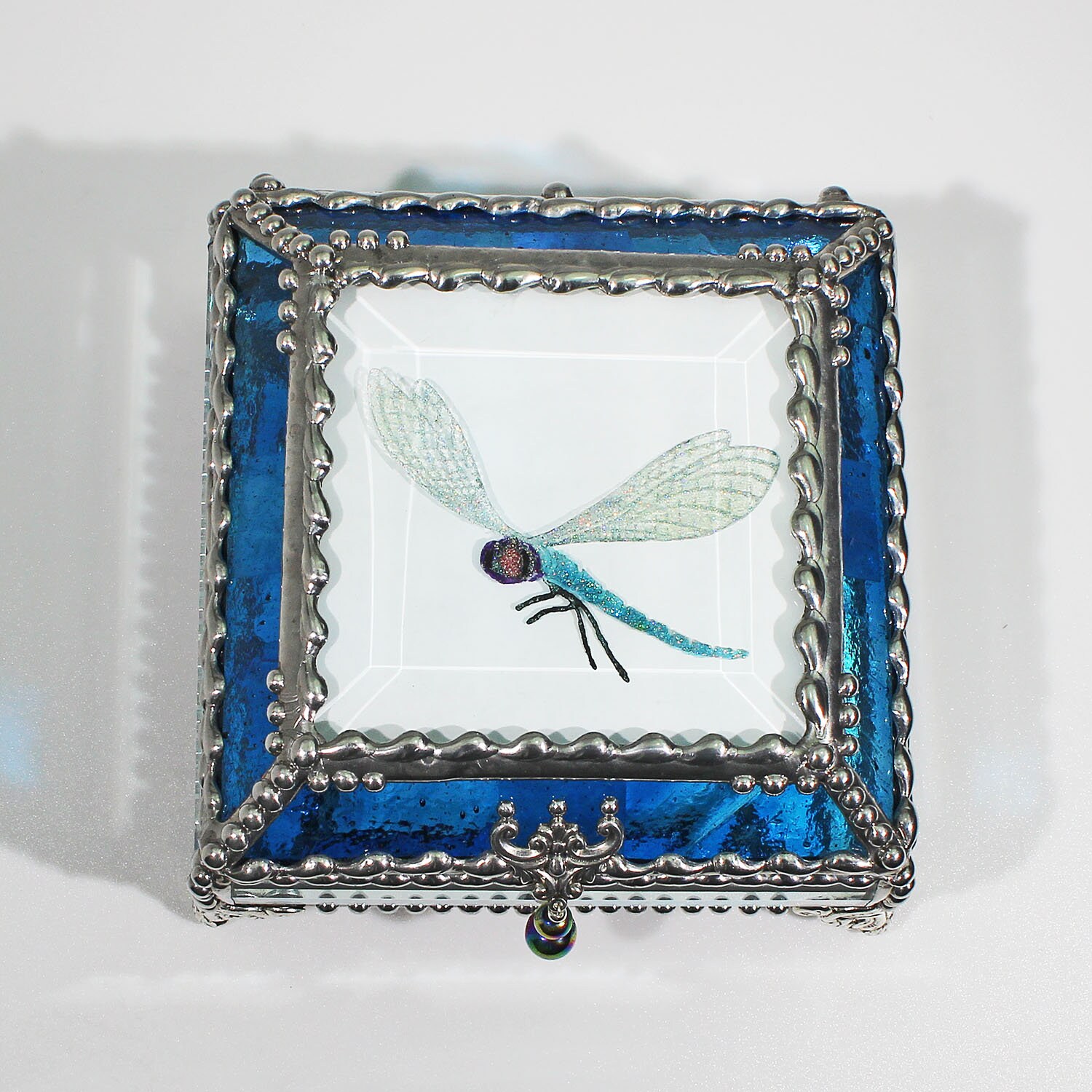 Dragonfly Etched Hand Painted Jewelry Display Trinket Faberge Style Box