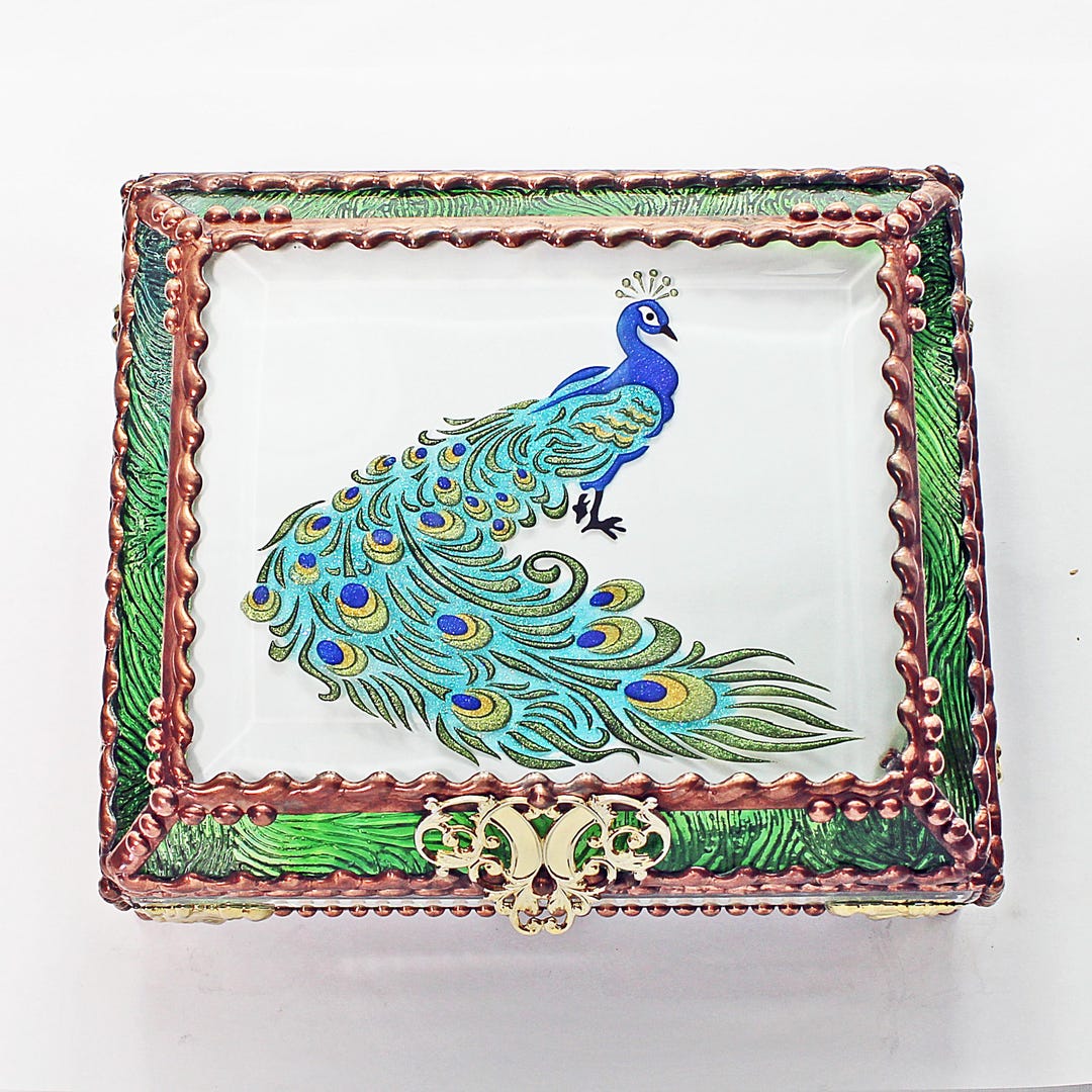 Peacock, Stained Glass, Keepsake Box, Jewelry Box, Faberge Style ...