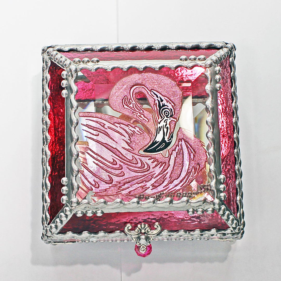 Flamingo, Hand Painted, Stained Glass Box, Trinket Box, Etched, Faberge ...