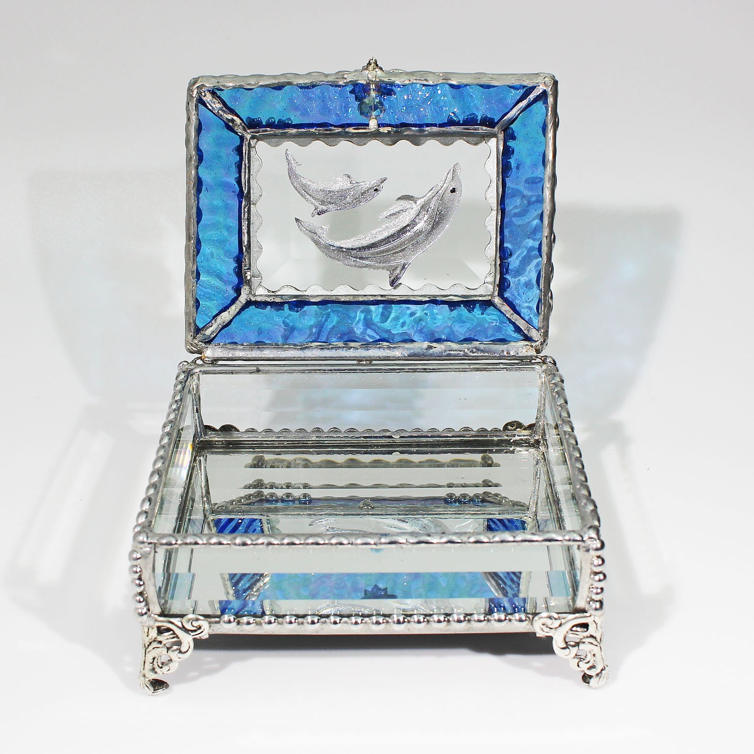 Dolphins - Carved Glass Jewelry Box - Faberge Style