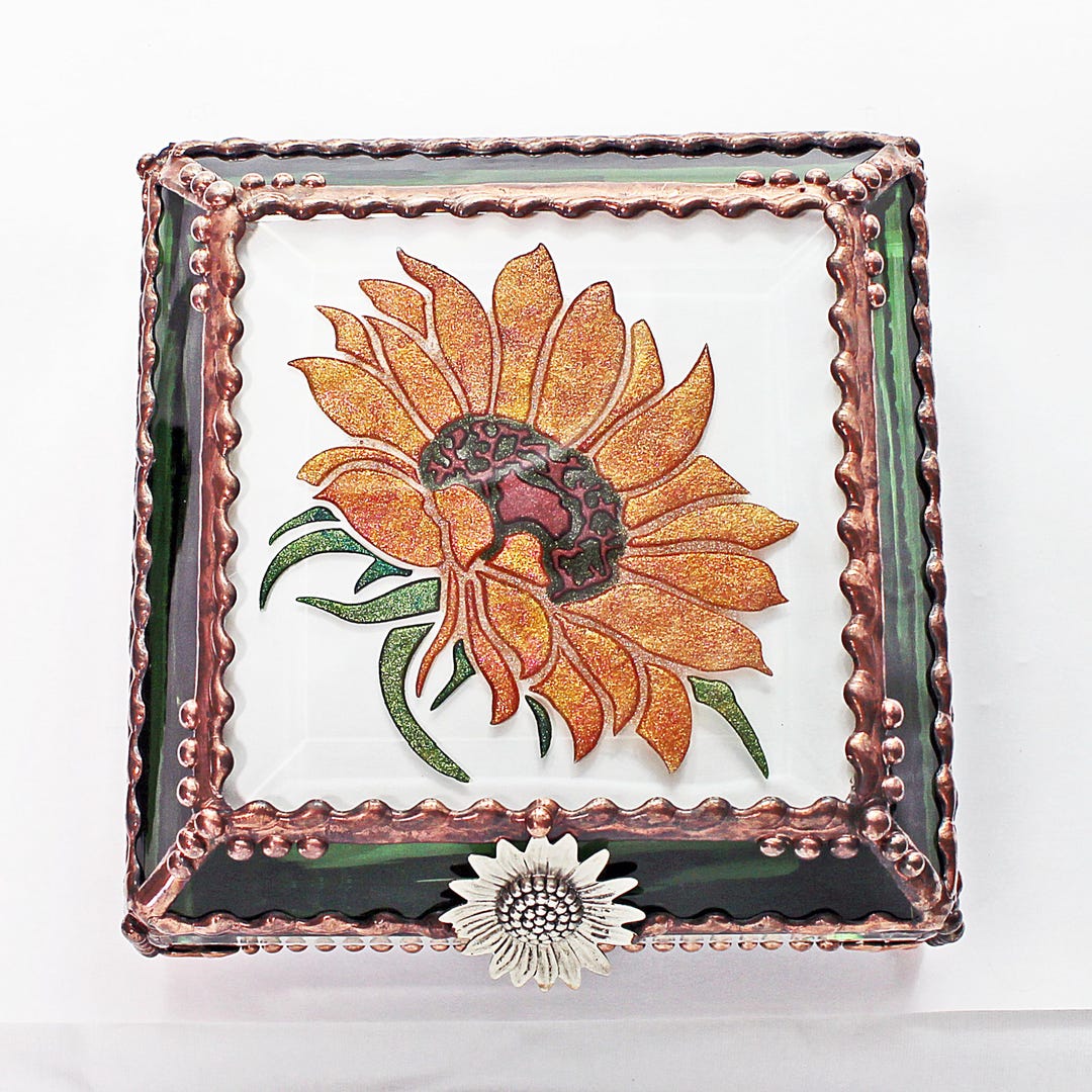 Sunflower, Stained Glass, Keepsake Box, Jewelry Box, Faberge Style ...
