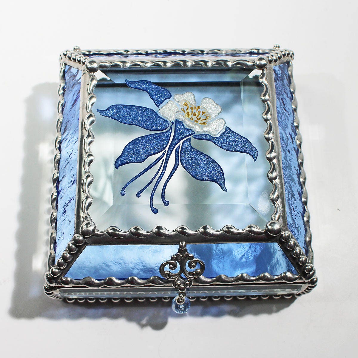 Etched, Hand Painted, Columbine,Flower,Stained Glass, Keepsake Box ...