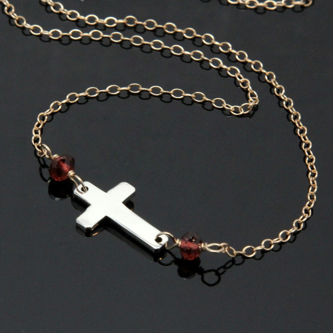 SIDEWAYS Cross Necklace, Birthstones Cross Necklace, Sterling Silver ...