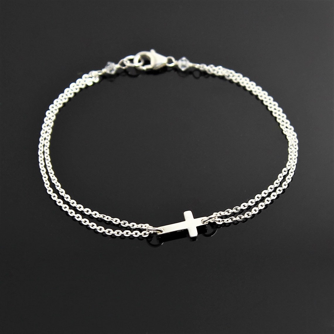 Sideways Cross Bracelet - STERLING SILVER, Small Cross Bracelet, Dainty ...