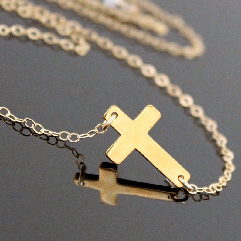 Gold Sideways Cross Necklace Gold Cross Necklace Religious Etsy
