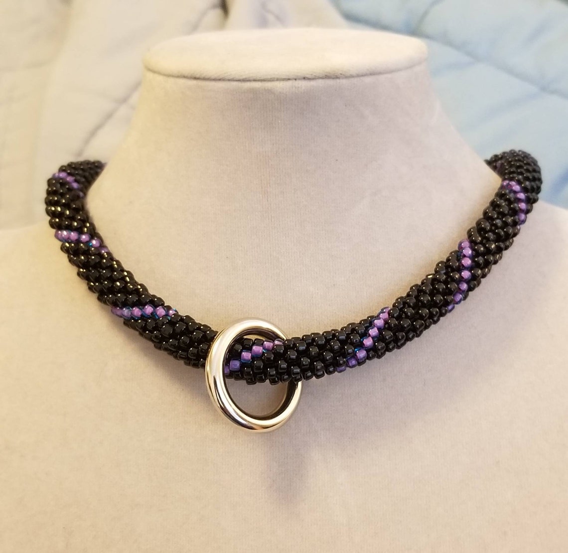 17 Beaded Sub Collar, Black With Purple, Plated Steel Rings, Sexy Slave ...