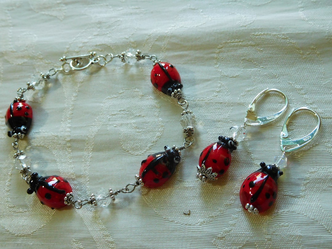 Ladybug Bracelet and Earrings Set With Ladybug Lamp Work Glass Beads ...