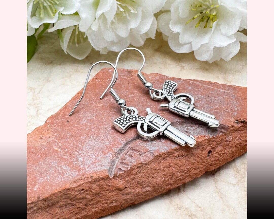 Pistol Charm Earrings, 3D Revolver Silver Tone Charms : 40mm, Nickel ...