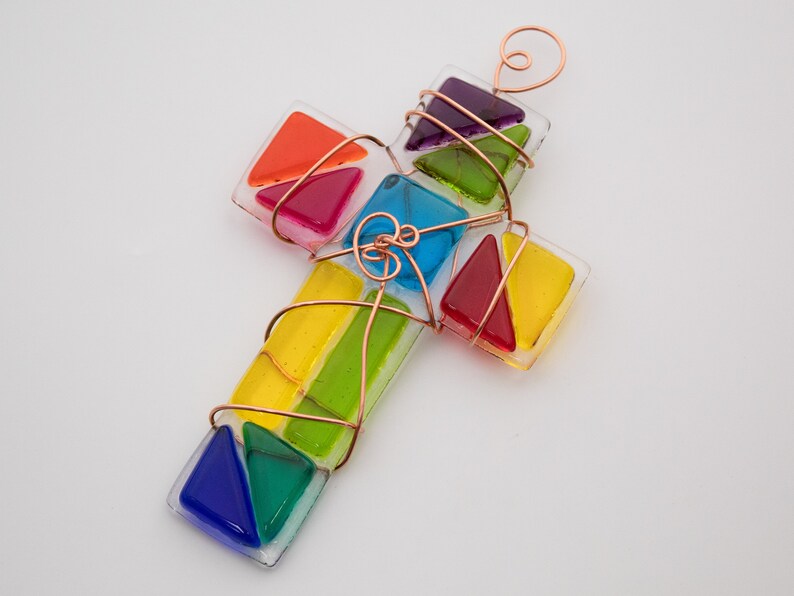 A Fused Glass Cross in a Rainbow of Colors Wrapped in Copper Wire Makes ...