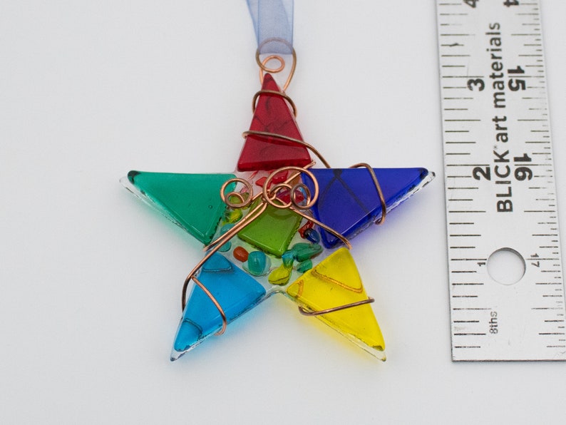 Fused Glass Star in a Rainbow of Color Wrapped in Copper Wire Makes a ...