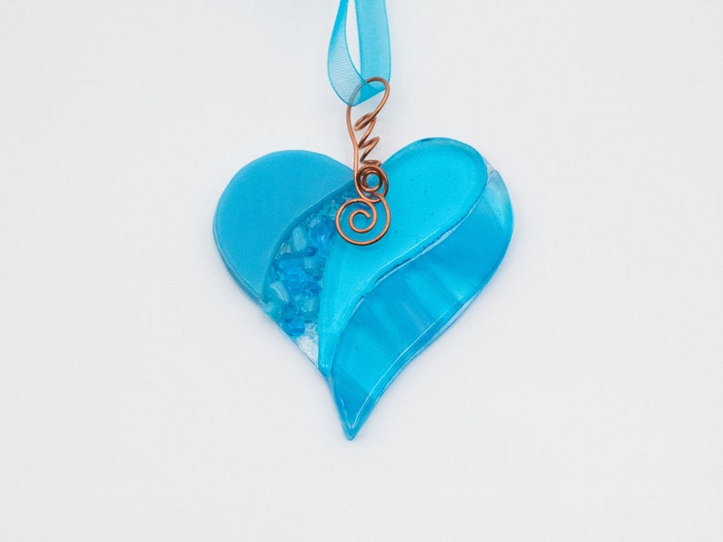 Fused Glass Heart Suncatcher: Blue Ornament With Copper Hook - Etsy