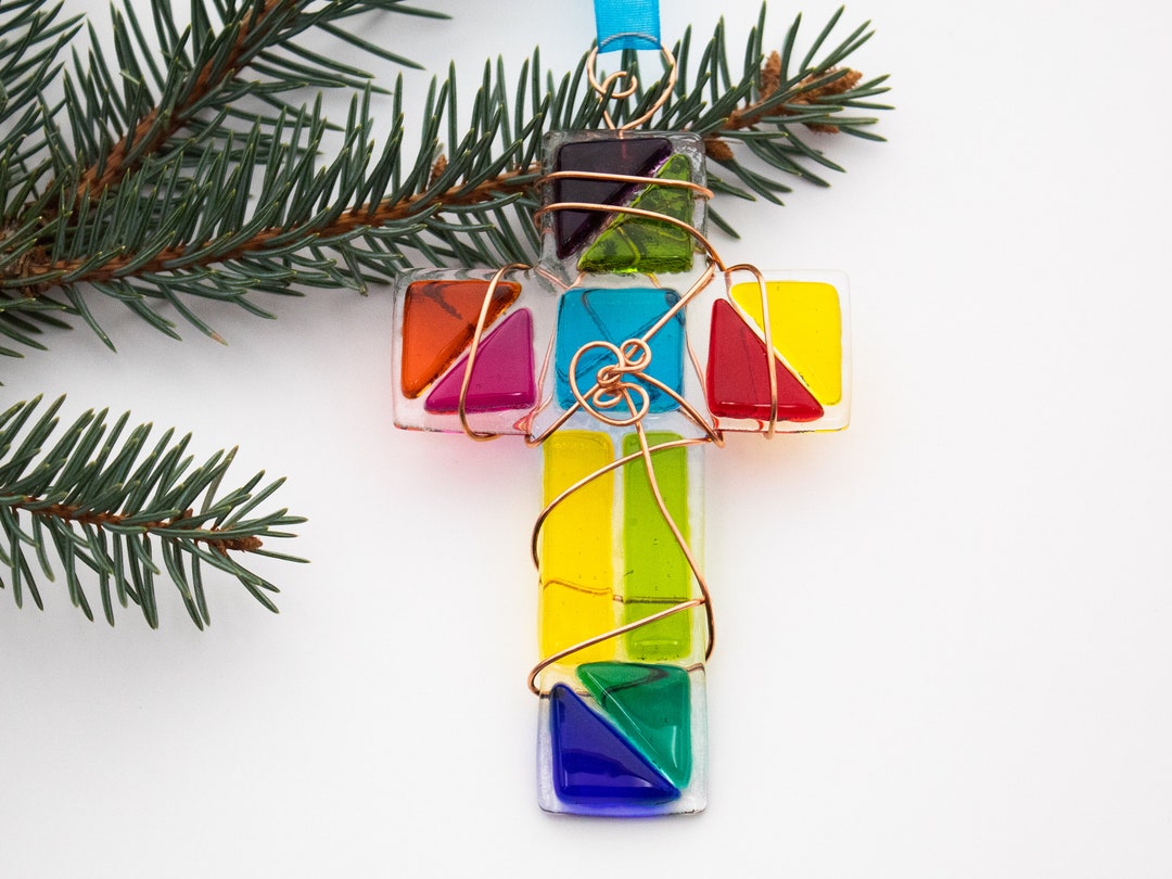 A Fused Glass Cross in a Rainbow of Colors Wrapped in Copper Wire Makes ...