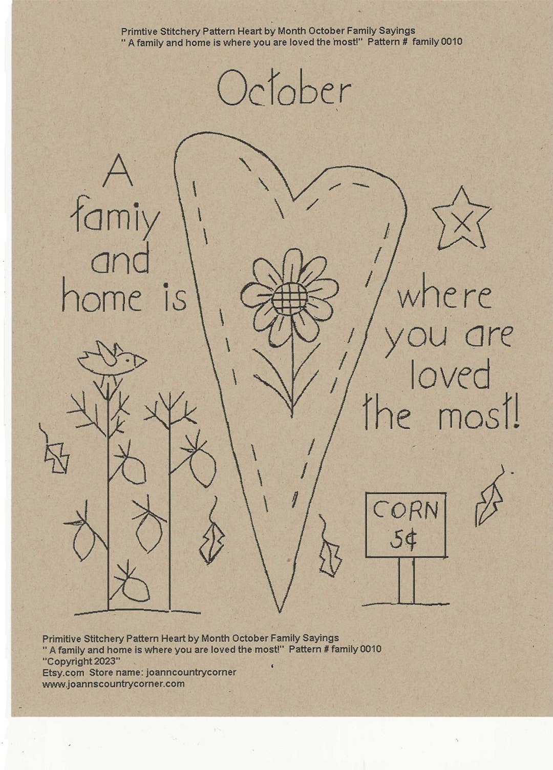 Primitive Stitchery E- Pattern Heart by Month October Family Saying " A ...