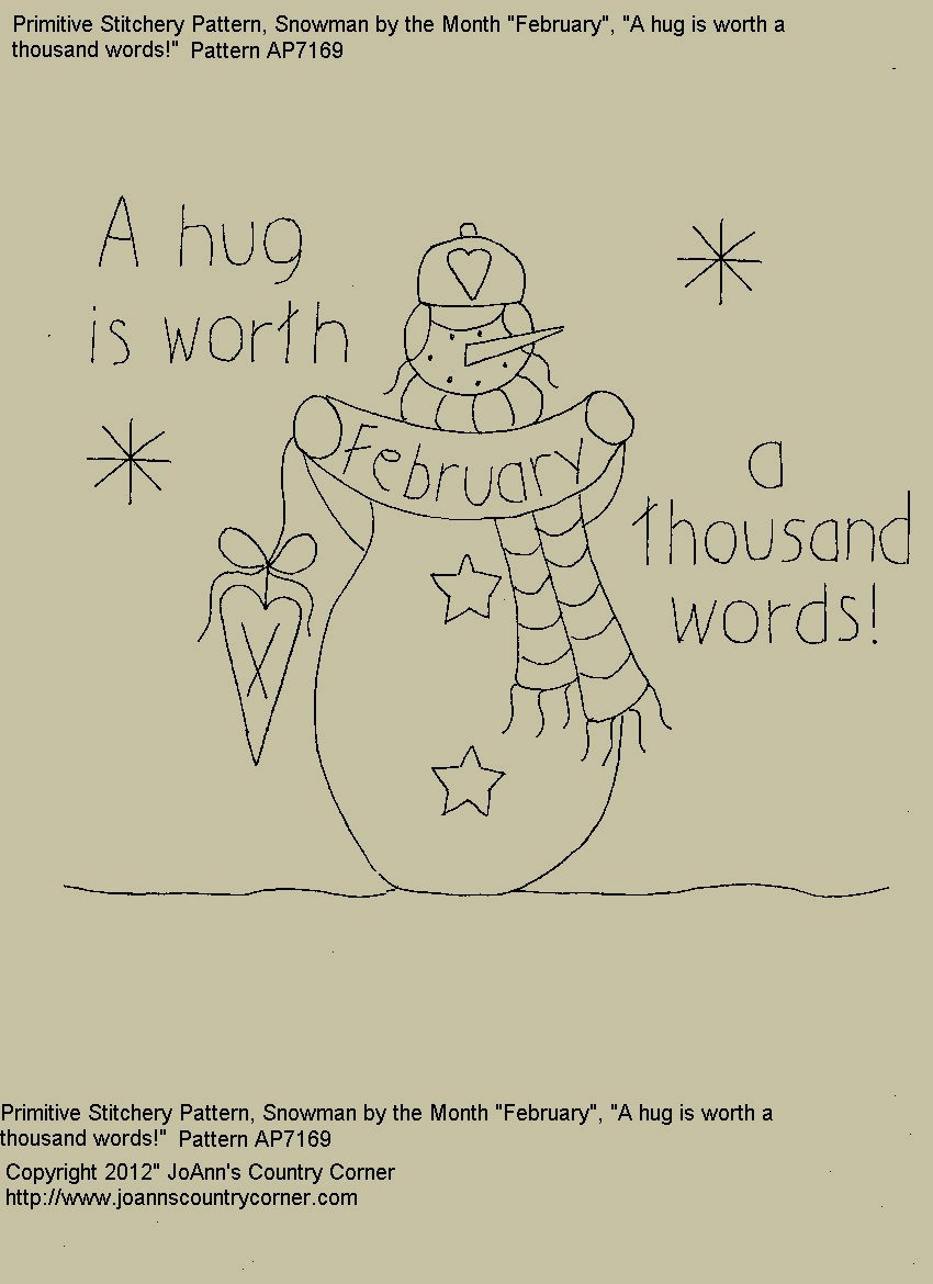 Primitive Stitchery E-pattern Snowman by Month "february", "a Hug is ...