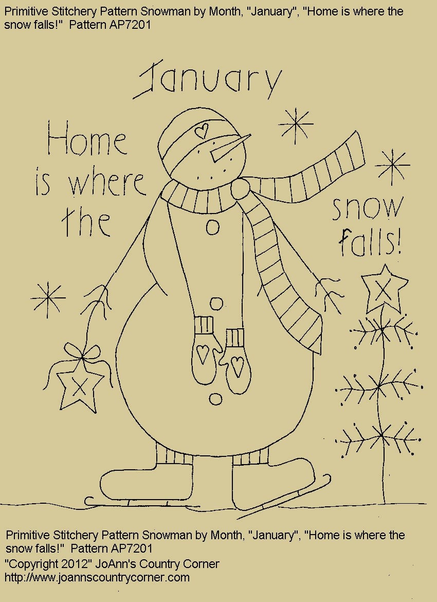 Primitive Stitchery E-pattern Snowman by Month 