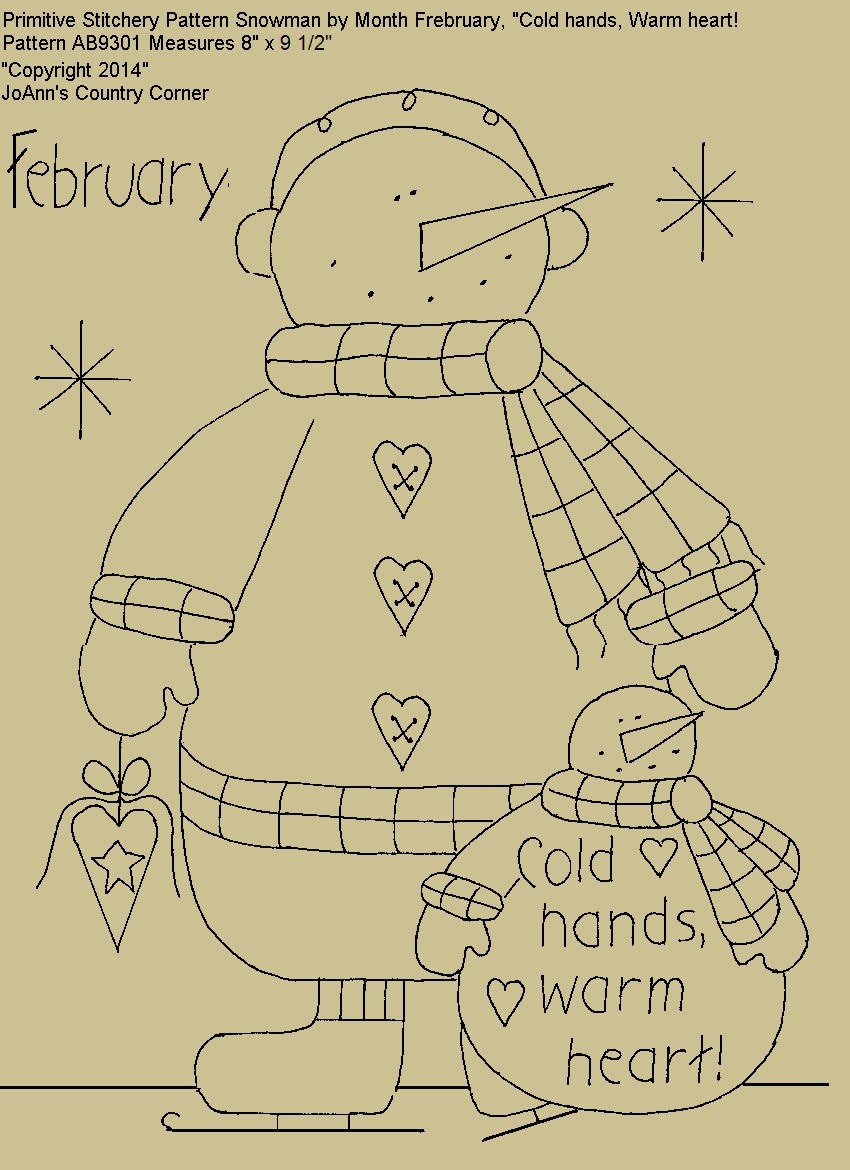 Primitive Stitchery E-pattern Snowman by Month February 