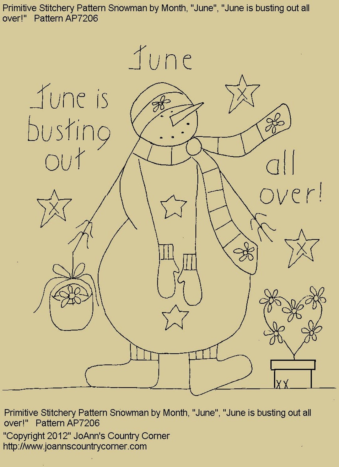 Primitive Stitchery E-pattern Snowman by Month "june", "june is Busting ...