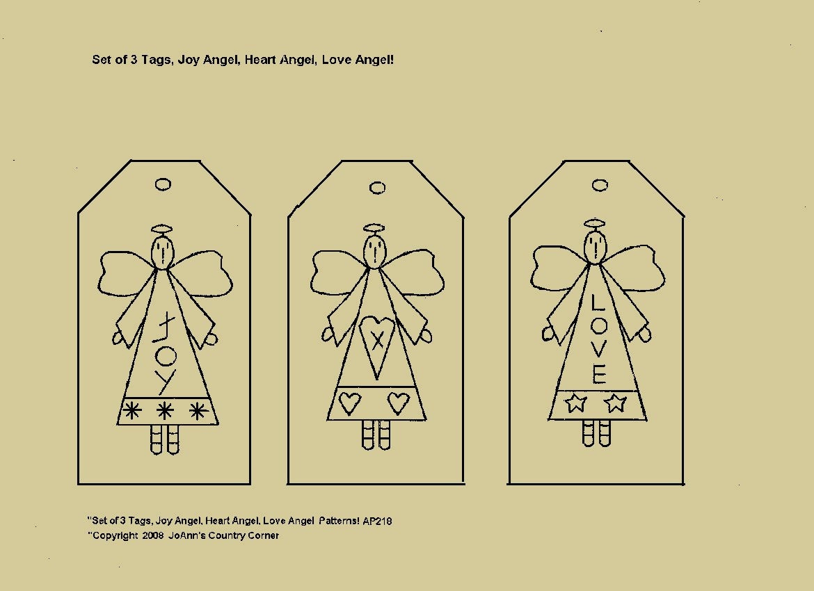 Primitive Stitchery E-pattern Set of 3 Tags, Joy Angel, Heart Angel ...
