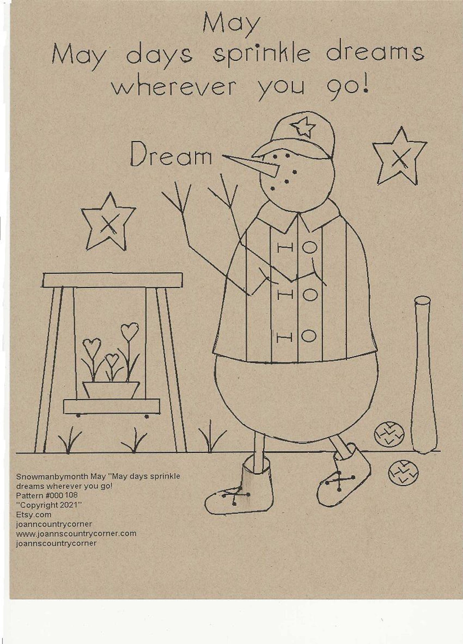Primitive Stitchery Snowman Reaching for "dream" E-pattern by Month May ...