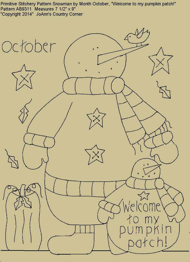 Primitive Stitchery E-pattern Snowman by Month October, welcome to My ...