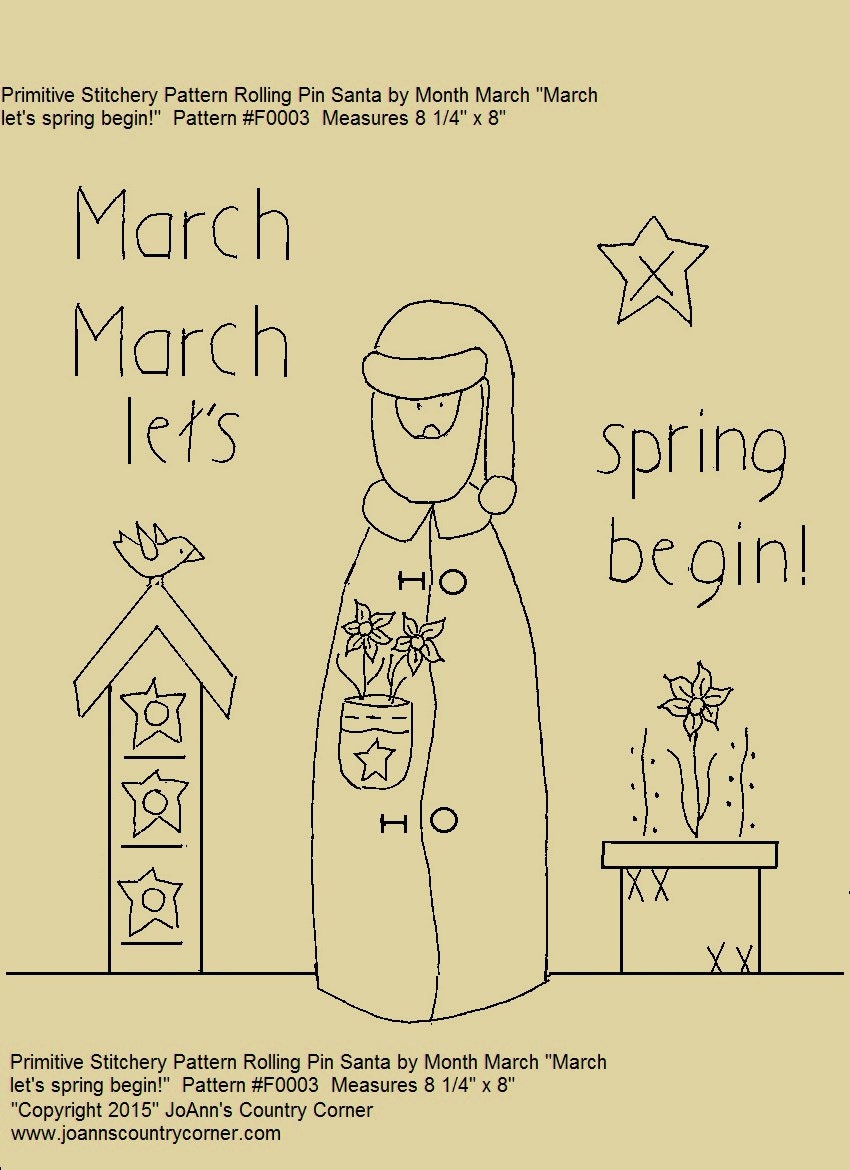 Primitive Stitchery E-pattern Rolling Pin Santa by Month March, "march ...