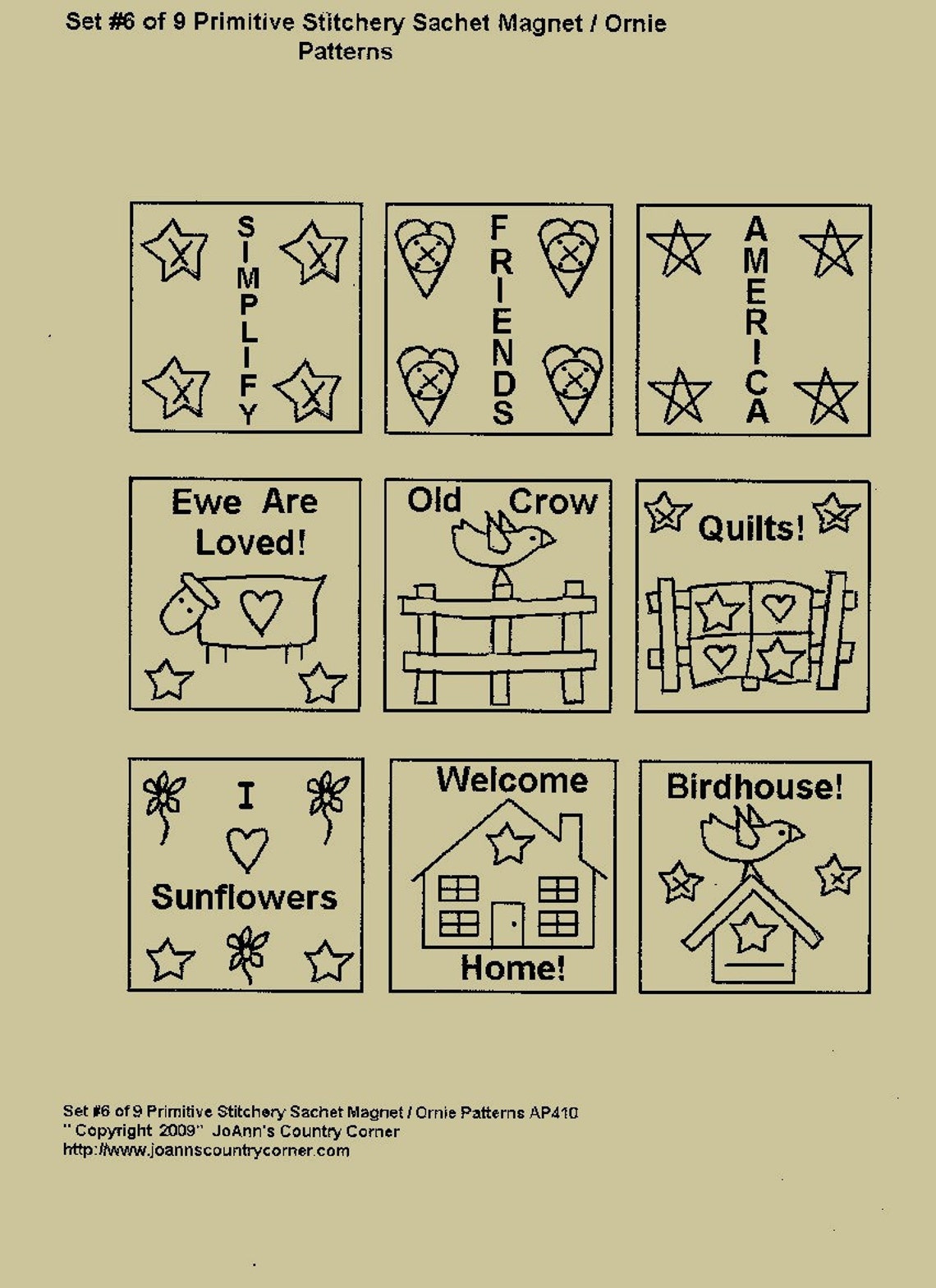 Primitive Stitchery E-pattern, Set of 9 Primitive Ornie, Magnet Squares ...