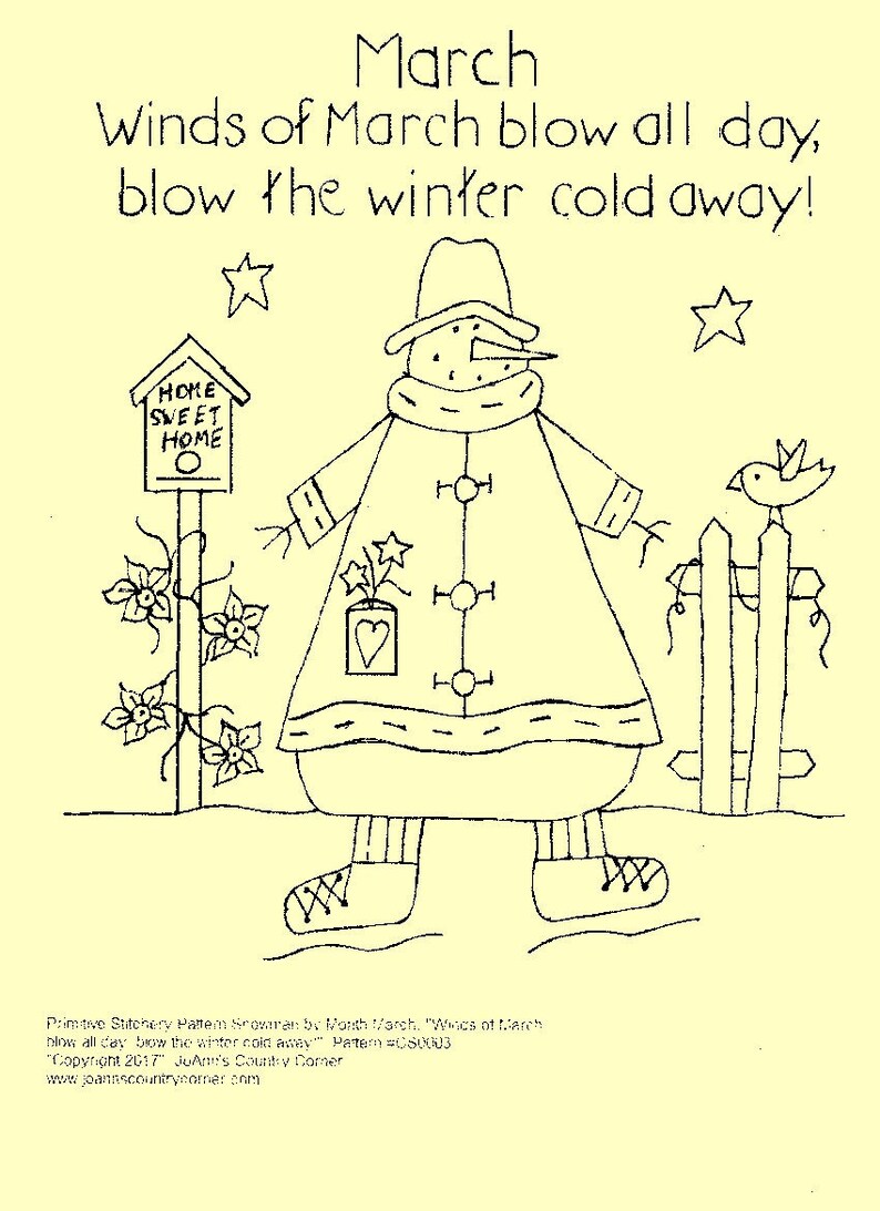 Primitive Stitchery E-pattern Snowman by Month March "winds of March ...