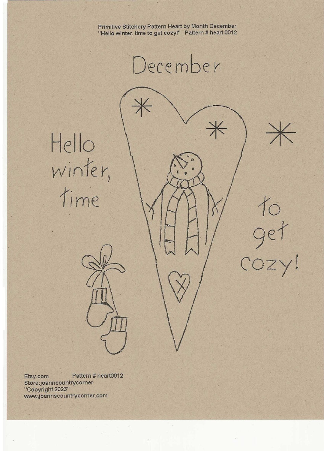 Primitive Stitchery Pattern Heart by Month December hello Winter, Time ...