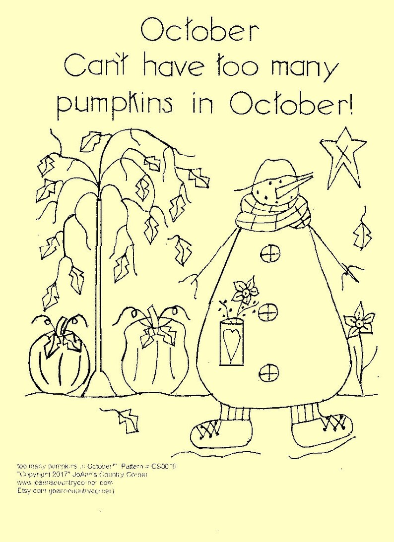 Primitive Stitchery E-pattern Snowman by Month October, "can't Have Too ...