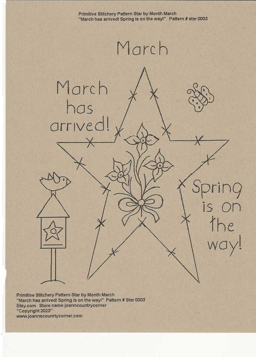 Primitive Stitchery E-pattern Star by Month March "march Has Arrived ...