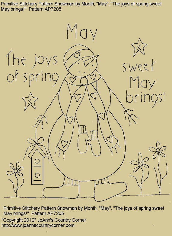 Primitive Stitchery E-Pattern Snowman by Month | Etsy