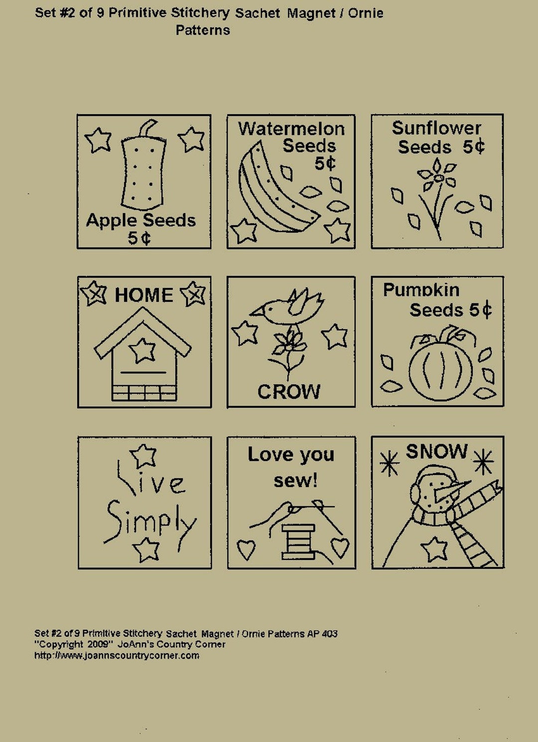 Primitive Stitchery E-pattern, Set of 9 Primitive Ornie/magnet Squares ...