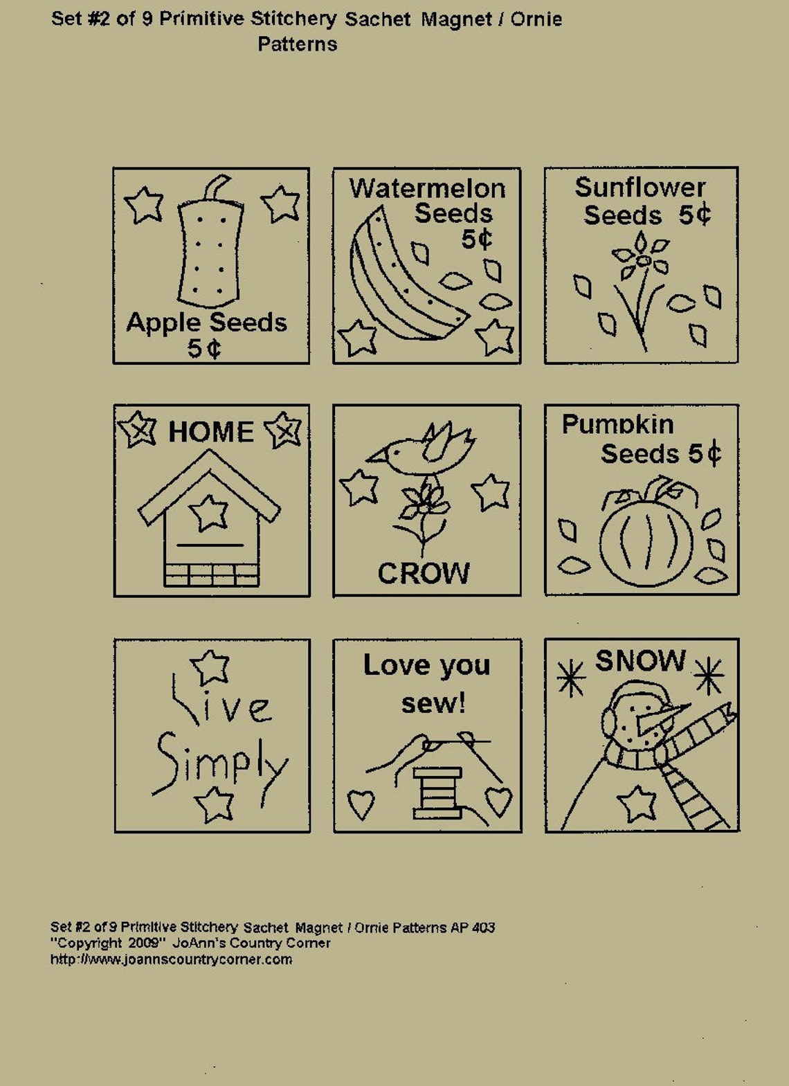 Primitive Stitchery E-pattern, Set of 9 Primitive Ornie/magnet Squares ...