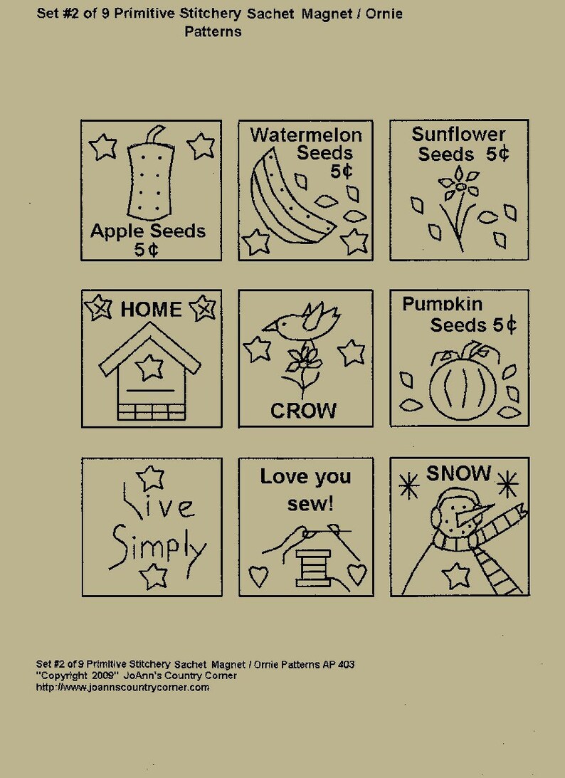 Primitive Stitchery E-pattern, Set of 9 Primitive Ornie/magnet Squares ...