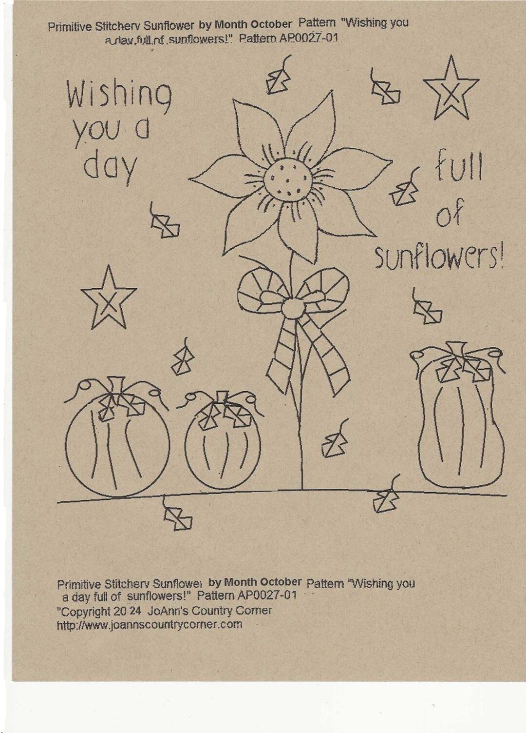 Primitive Stitchery Sunflower E-pattern by Month October "wishing You a ...