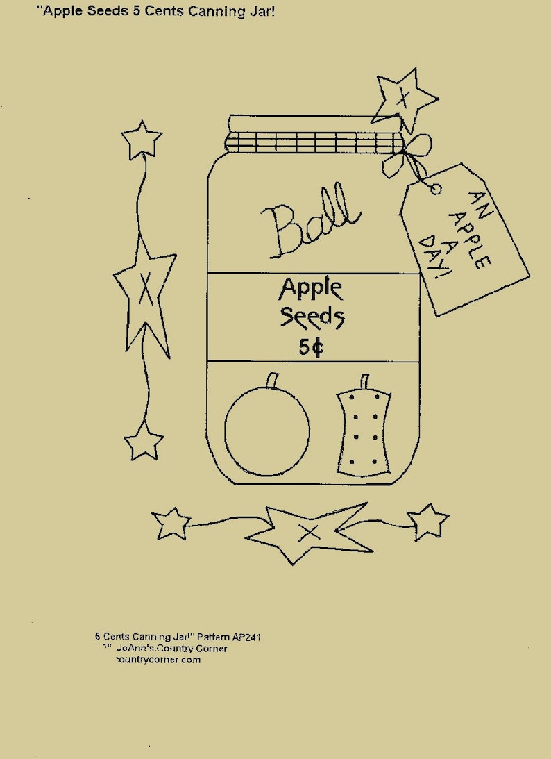 Primitive Stitchery E-pattern, apple Seeds 5 Cents Canning Jar With ...